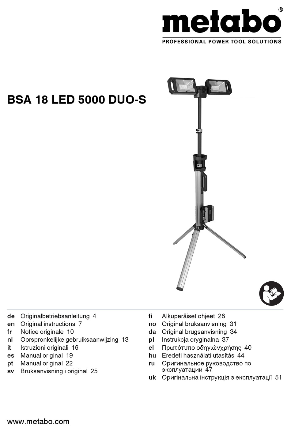 METABO BSA 18 LED 5000 DUO-S ORIGINAL INSTRUCTIONS MANUAL Pdf Download ...