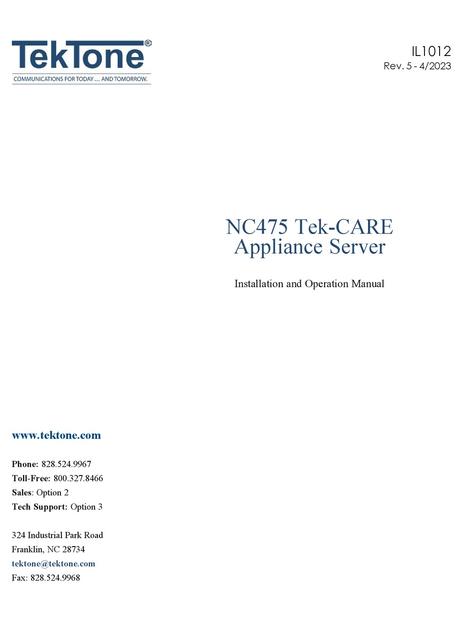 TEKTONE NC475 INSTALLATION AND OPERATION MANUAL Pdf Download | ManualsLib
