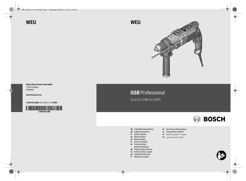 BOSCH PROFESSIONAL WEU GSB 21-2 ORIGINAL INSTRUCTIONS MANUAL Pdf Download | ManualsLib