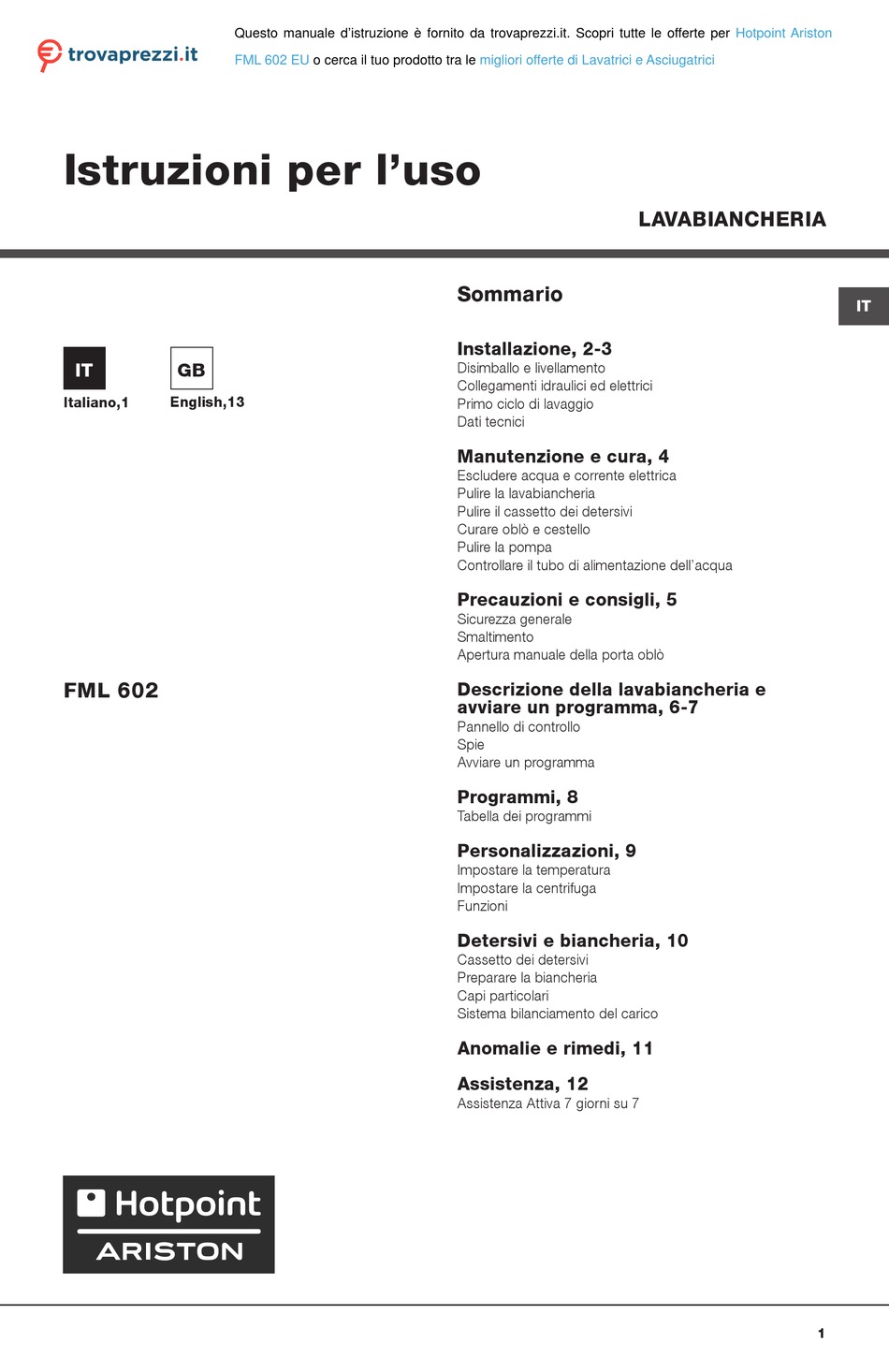 HOTPOINT ARISTON FML 602 INSTRUCTIONS FOR USE MANUAL Pdf Download ...