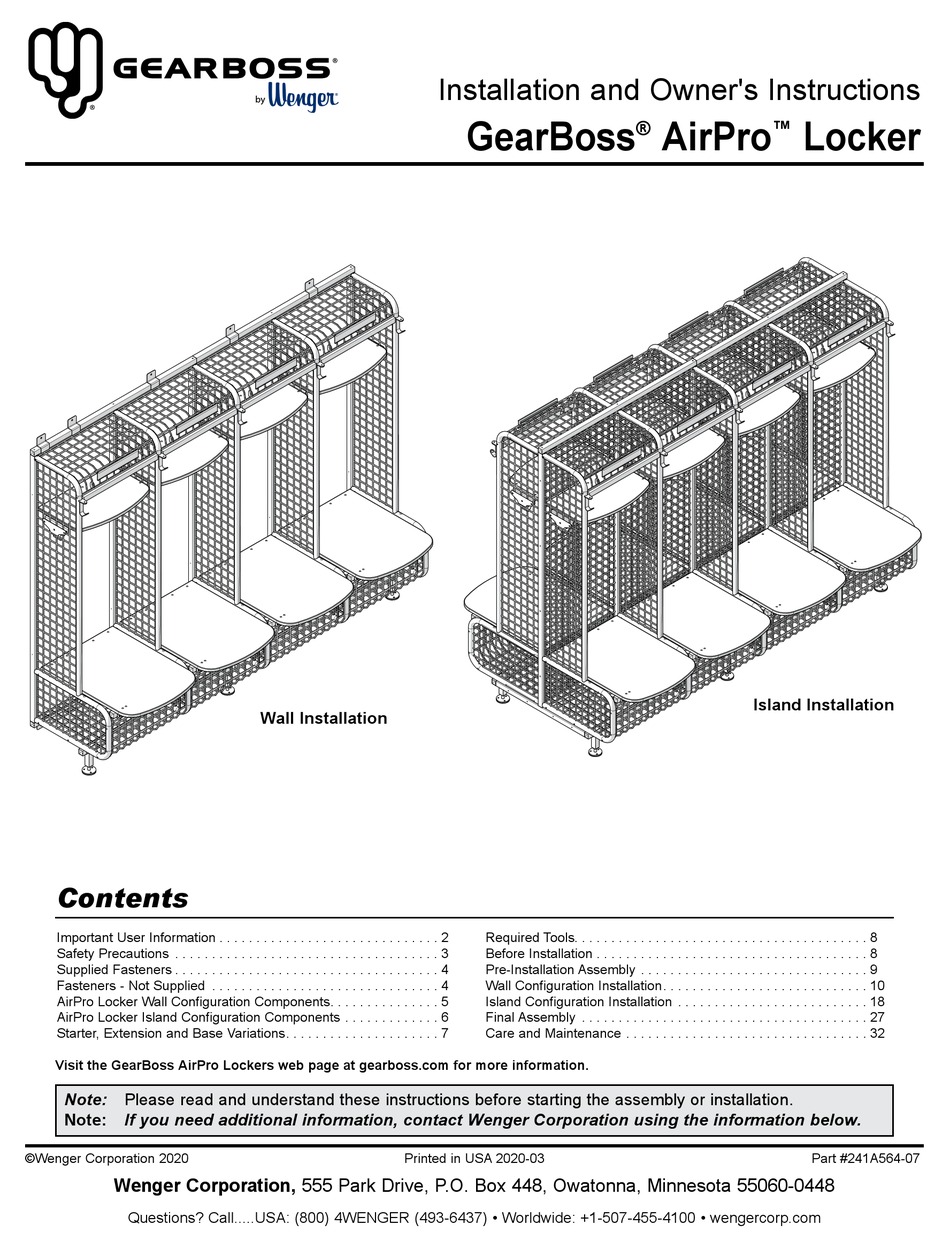 WENGER GEARBOSS AIRPRO LOCKER INSTALLATION AND OWNER'S INSTRUCTIONS Pdf ...