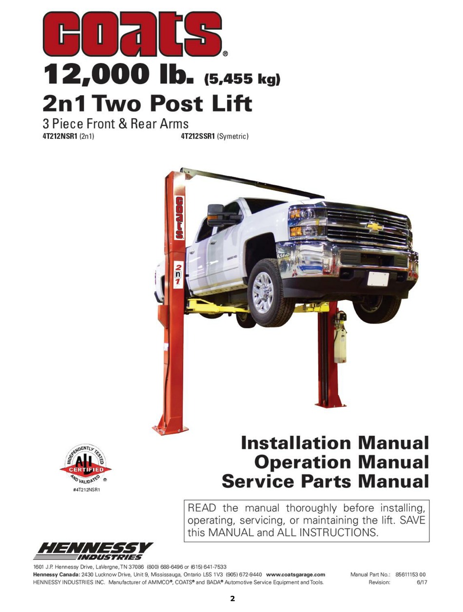 HENNESSY INDUSTRIES COATS 4T212NSR1 MANUAL Pdf Download | ManualsLib