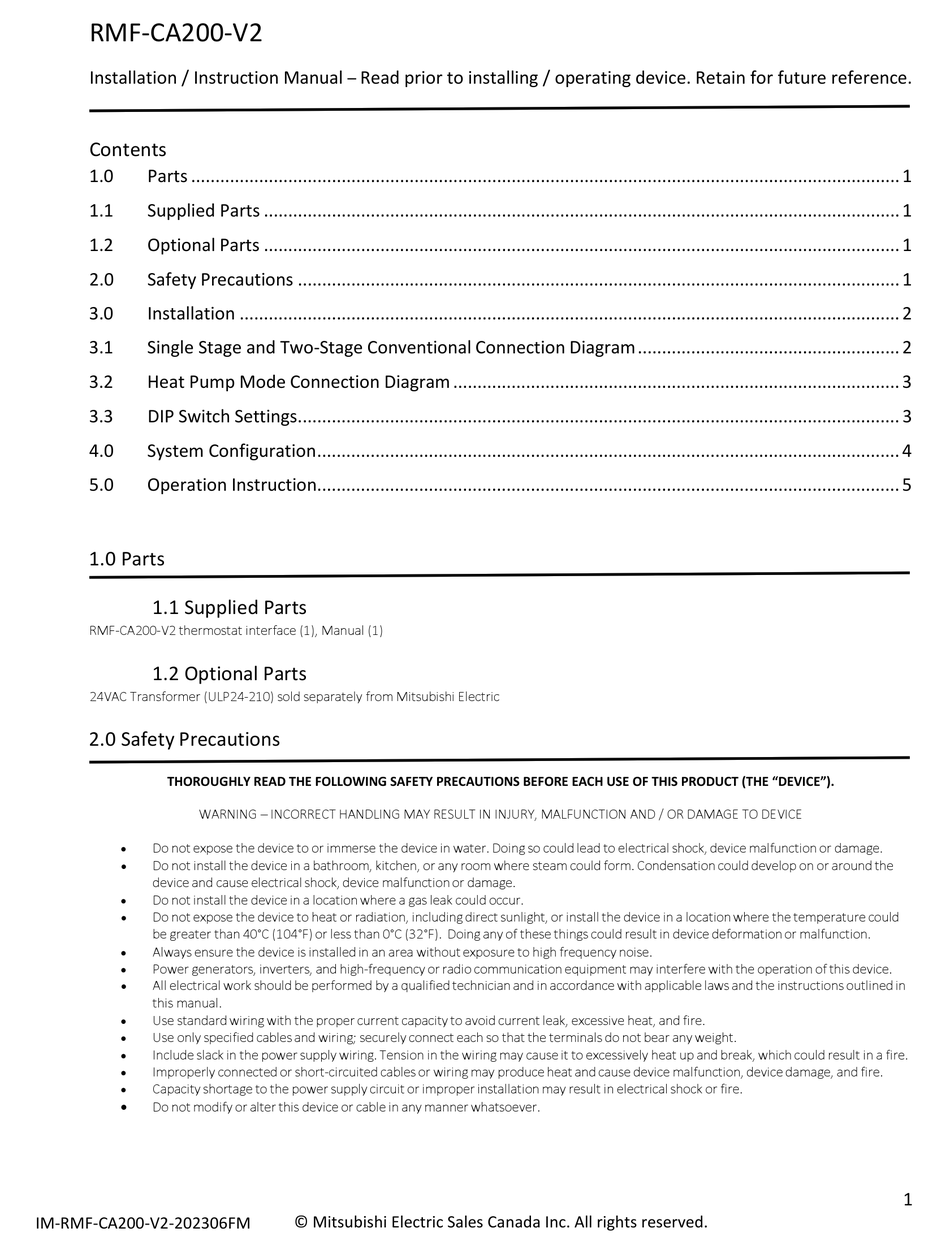 MITSUBISHI ELECTRIC RMF-CA200-V2 INSTALLATION INSTRUCTIONS MANUAL Pdf ...