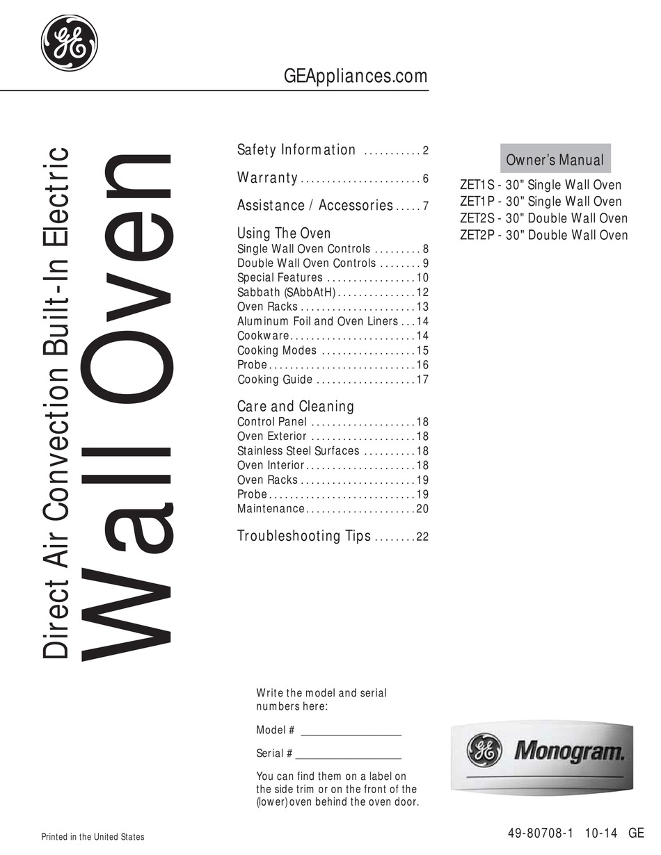 GE ZET2S OWNER'S MANUAL Pdf Download | ManualsLib