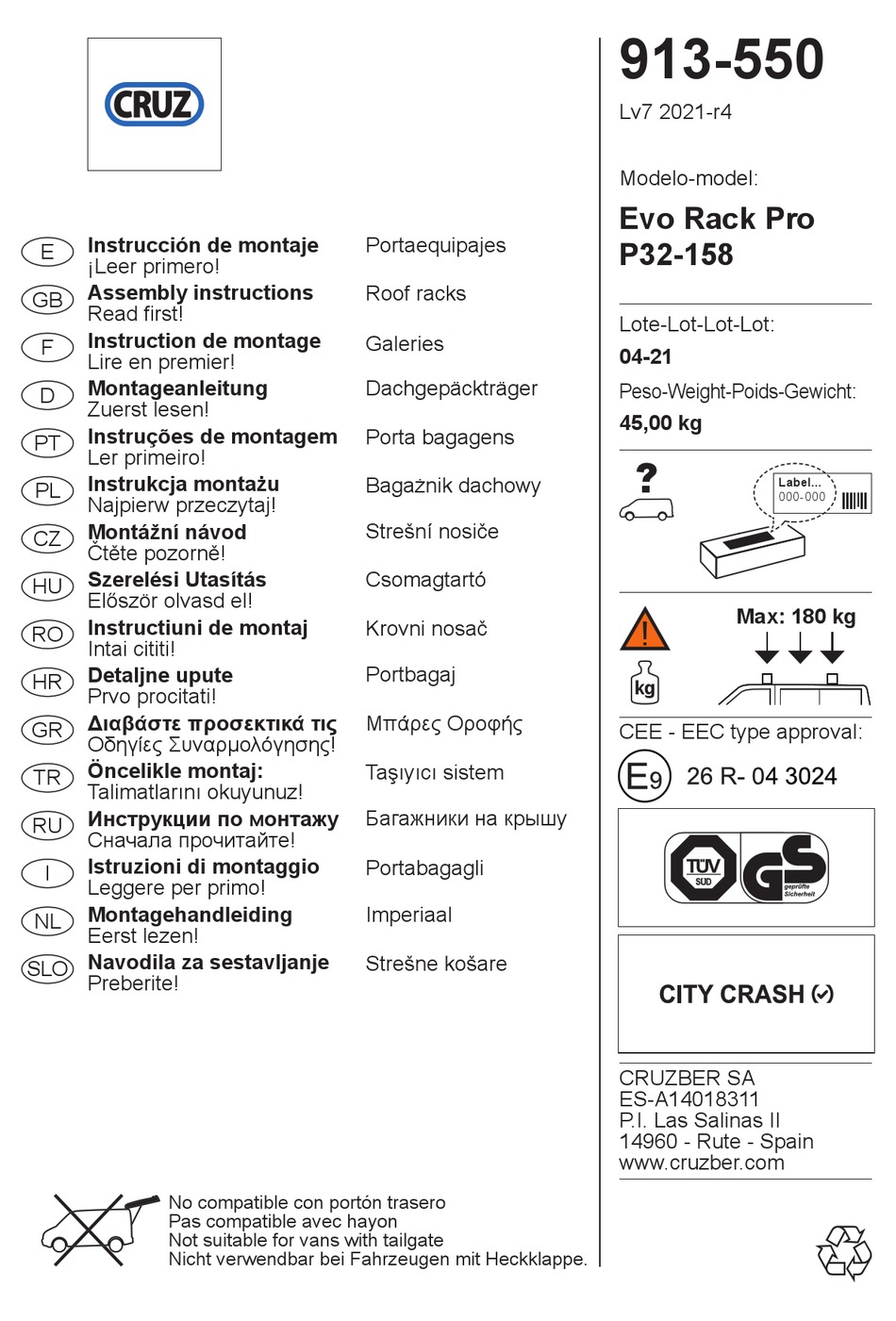 CRUZ EVO RACK PRO P32-158 ASSEMBLY INSTRUCTIONS MANUAL Pdf Download | ManualsLib