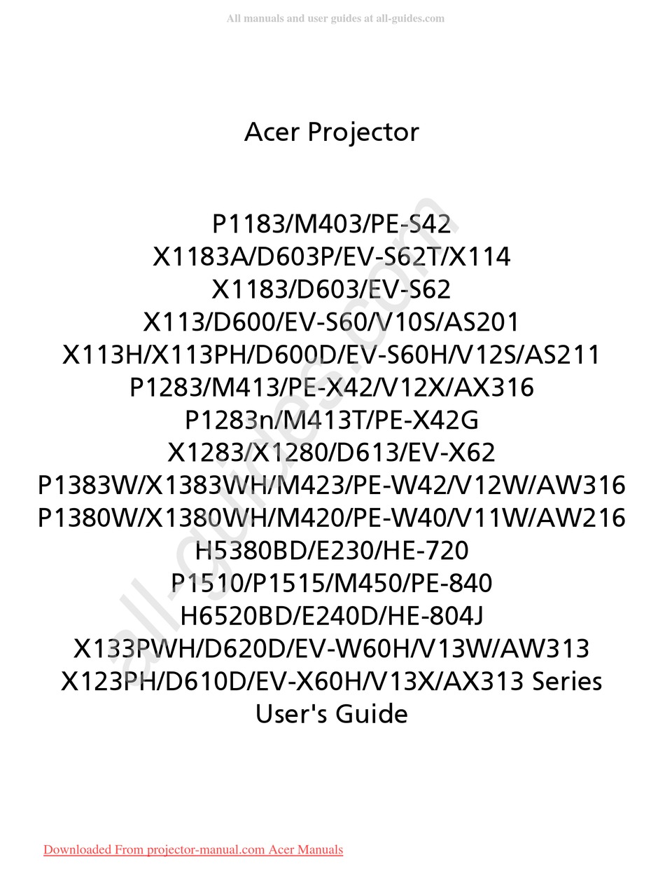 ACER X1183A SERIES USER MANUAL Pdf Download | ManualsLib