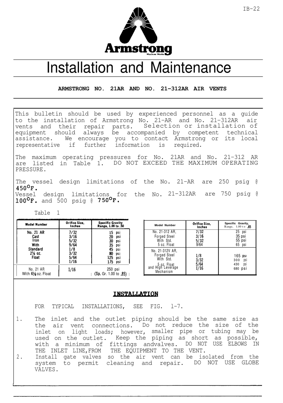 ARMSTRONG 21AR INSTALLATION AND MAINTENANCE Pdf Download | ManualsLib