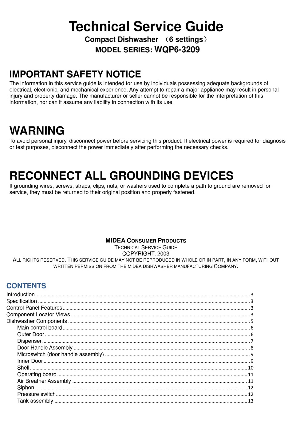 MIDEA WQP6-3209 TECHNICAL SERVICE MANUAL Pdf Download | ManualsLib