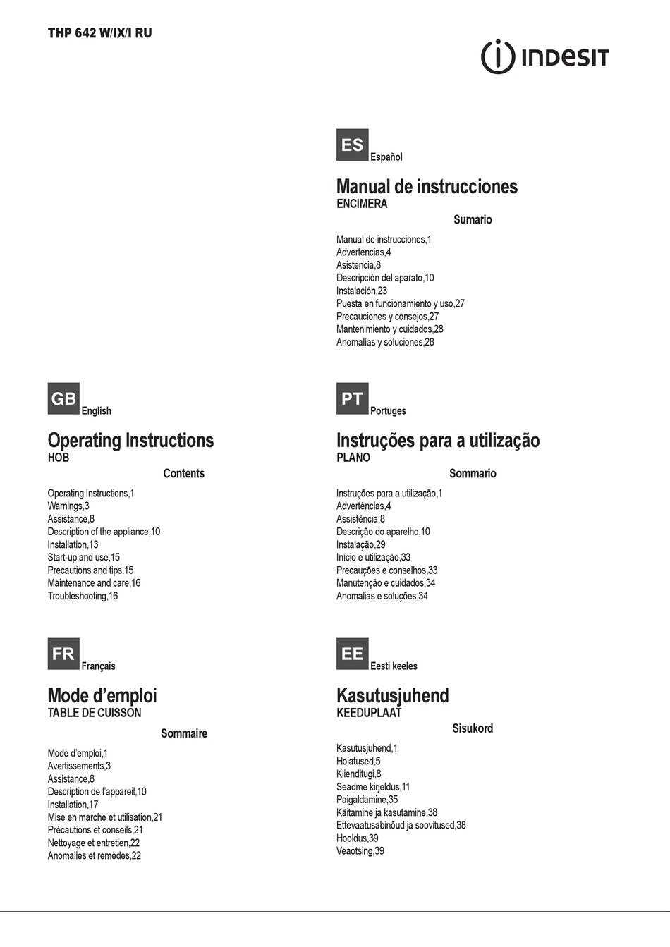 INDESIT THP 642 W/IX/I RU OPERATING INSTRUCTIONS MANUAL Pdf Download ...