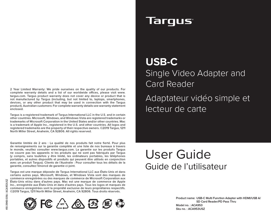 TARGUS ACA953 USER MANUAL Pdf Download | ManualsLib