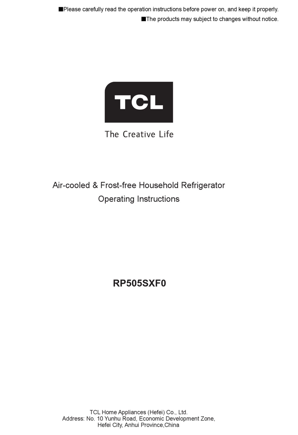 TCL RP505SXF0UK OPERATING INSTRUCTIONS MANUAL Pdf Download | ManualsLib