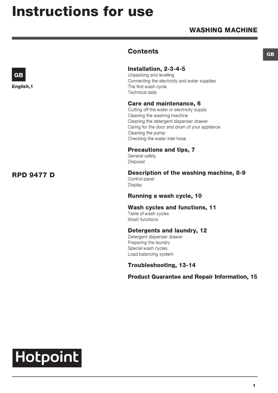 HOTPOINT RPD 9477 D INSTRUCTIONS FOR USE MANUAL Pdf Download | ManualsLib