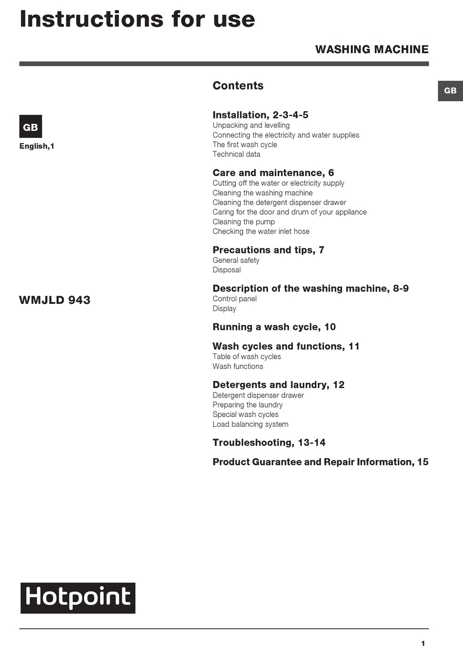 HOTPOINT WMJLD 943 INSTRUCTIONS FOR USE MANUAL Pdf Download | ManualsLib