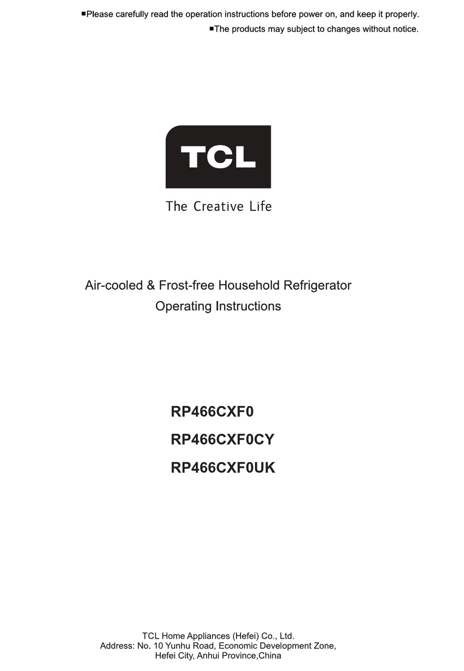 TCL RP466CXF0 OPERATING INSTRUCTIONS MANUAL Pdf Download | ManualsLib