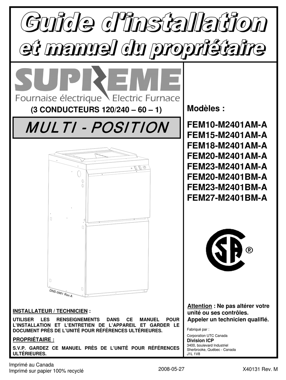 SUPREME FEM10-M2401AM-A INSTALLATION INSTRUCTIONS MANUAL Pdf Download ...