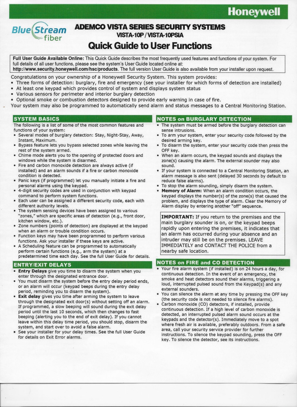 HONEYWELL ADEMCO VISTA SERIES QUICK MANUAL Pdf Download | ManualsLib