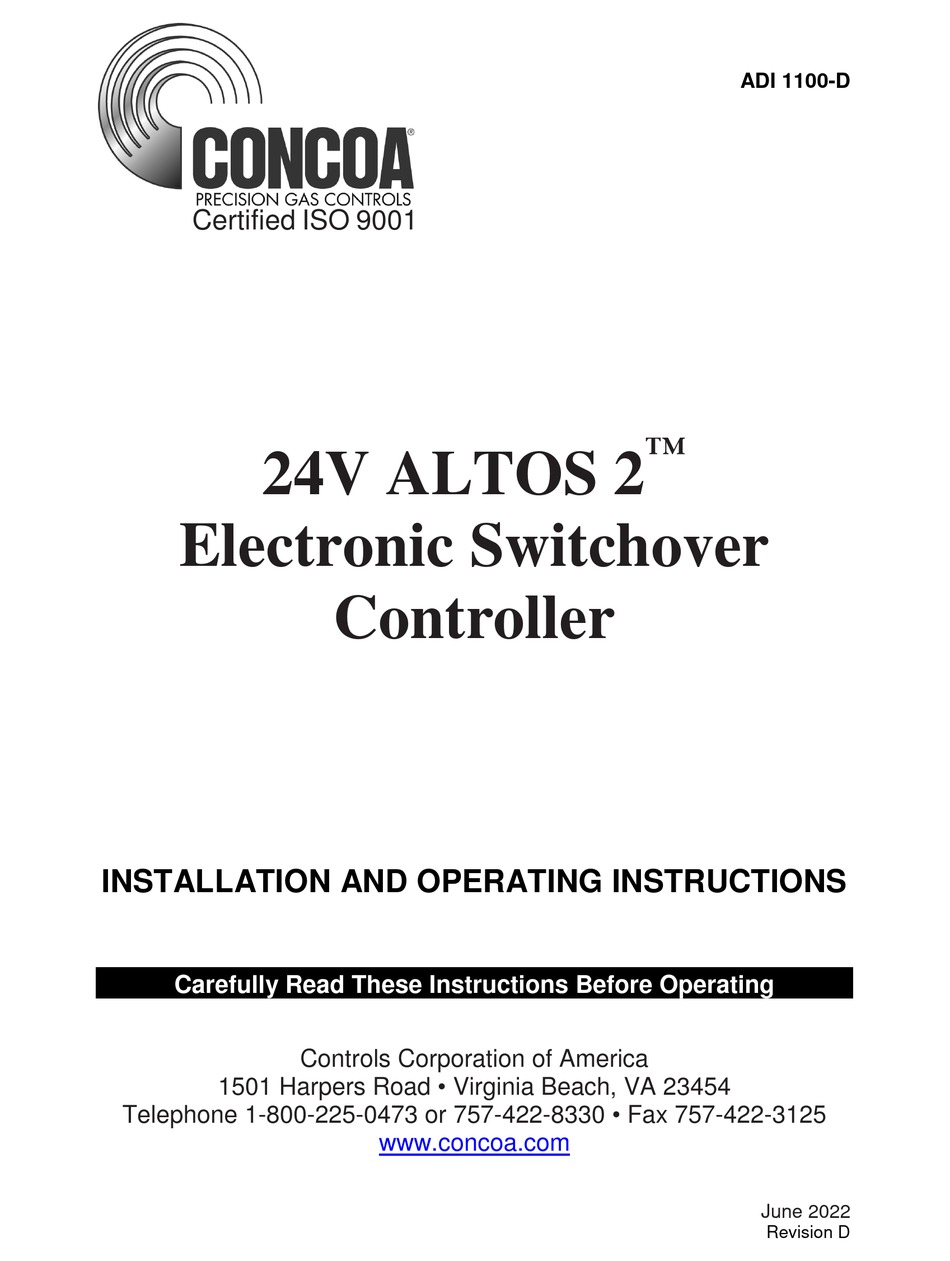 CONCOA ALTOS 2 588 SERIES INSTALLATION AND OPERATING INSTRUCTIONS ...