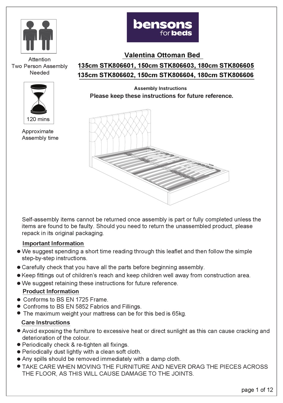 BENSONS FOR BEDS VALENTINA STK806601 ASSEMBLY INSTRUCTIONS MANUAL Pdf ...