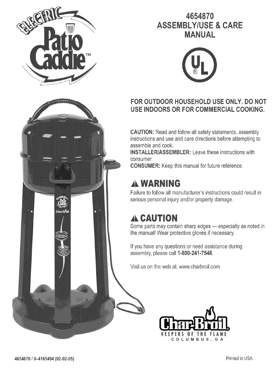 CHAR-BROIL ELECTRIC PATIO CADDLE 4654870 ASSEMBLY, USE & CARE MANUAL ...