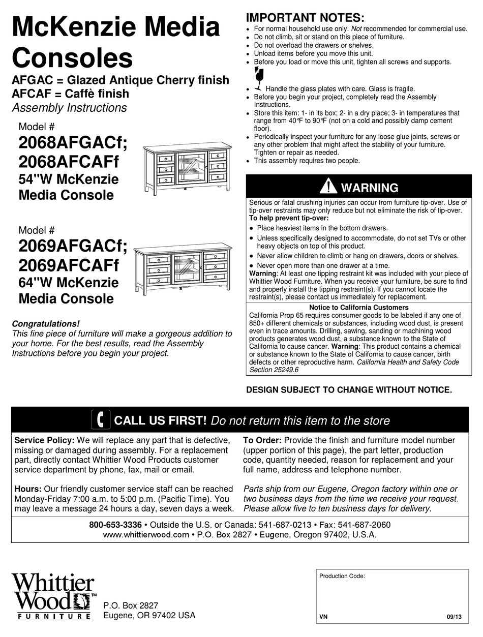 WHITTIER WOOD FURNITURE MCKENZIE 2068AFGACF ASSEMBLY INSTRUCTIONS ...