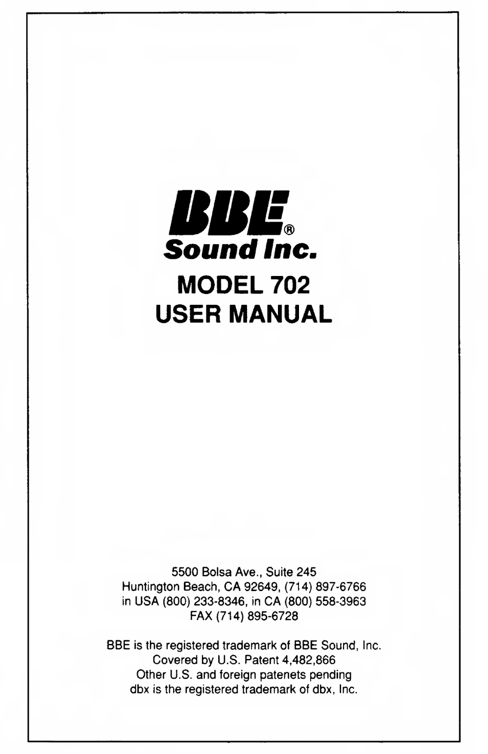 BBE 702 USER MANUAL Pdf Download | ManualsLib