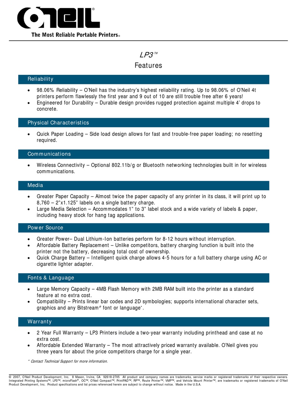 ONEIL LP3 FEATURES Pdf Download | ManualsLib