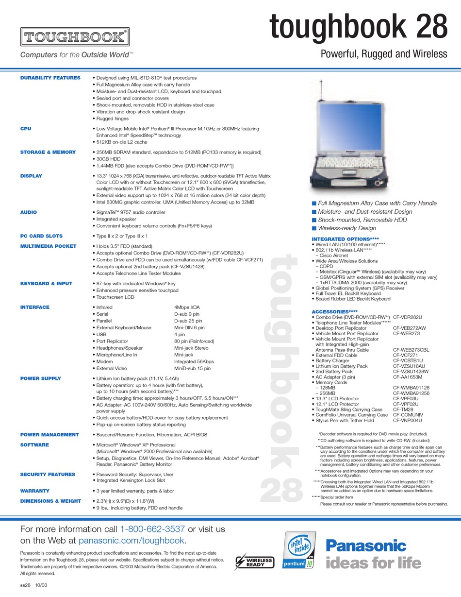 PANASONIC TOUGHBOOK CF-28PRJGZKM SPECIFICATIONS Pdf Download | ManualsLib