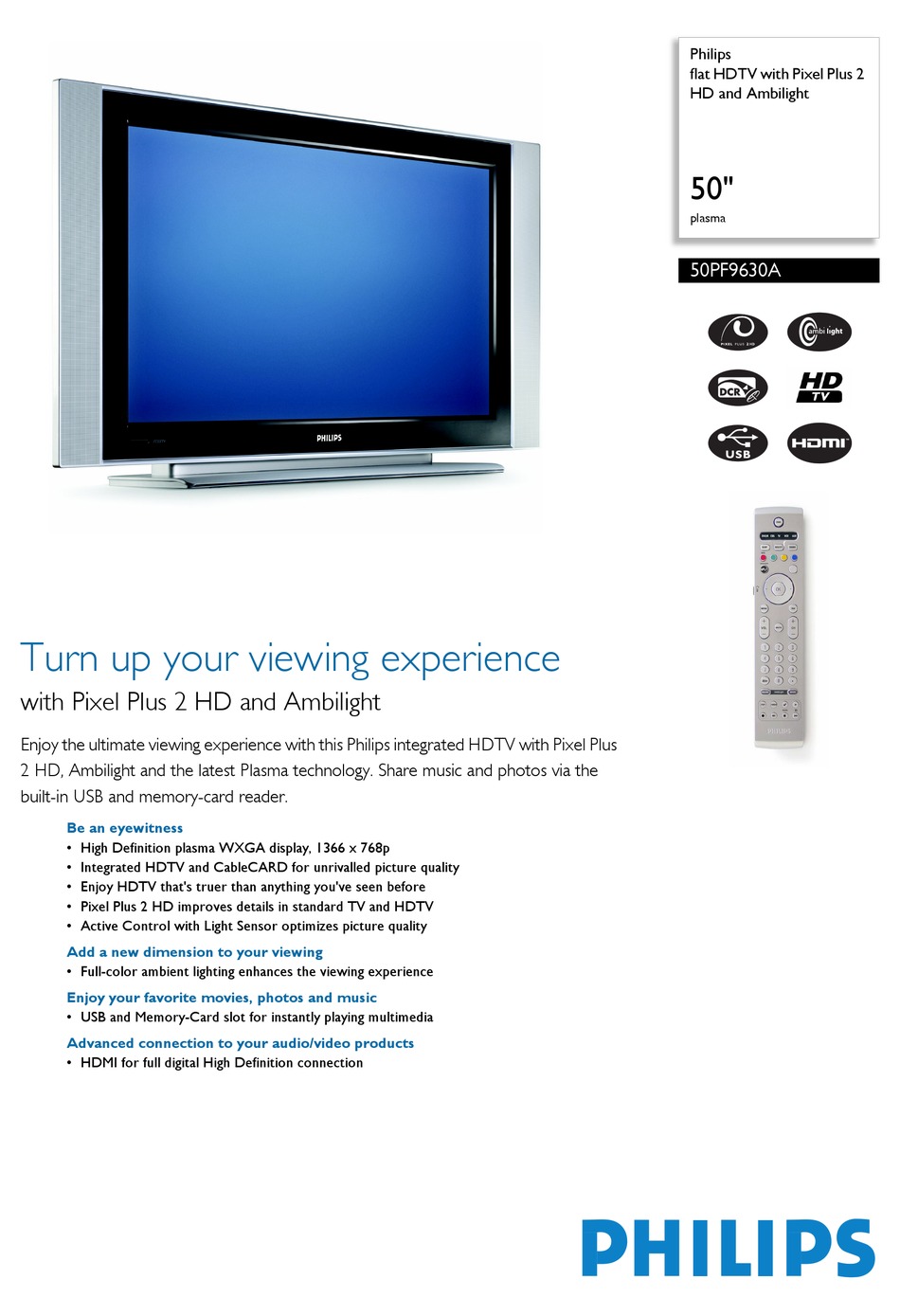 PHILIPS 50PF9630A SPECIFICATION SHEET Pdf Download | ManualsLib