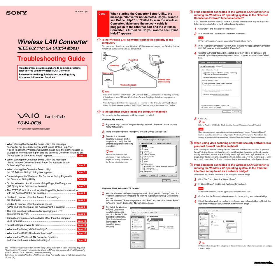 SONY VAIO PCWA-DE30 TROUBLESHOOTING MANUAL Pdf Download | ManualsLib