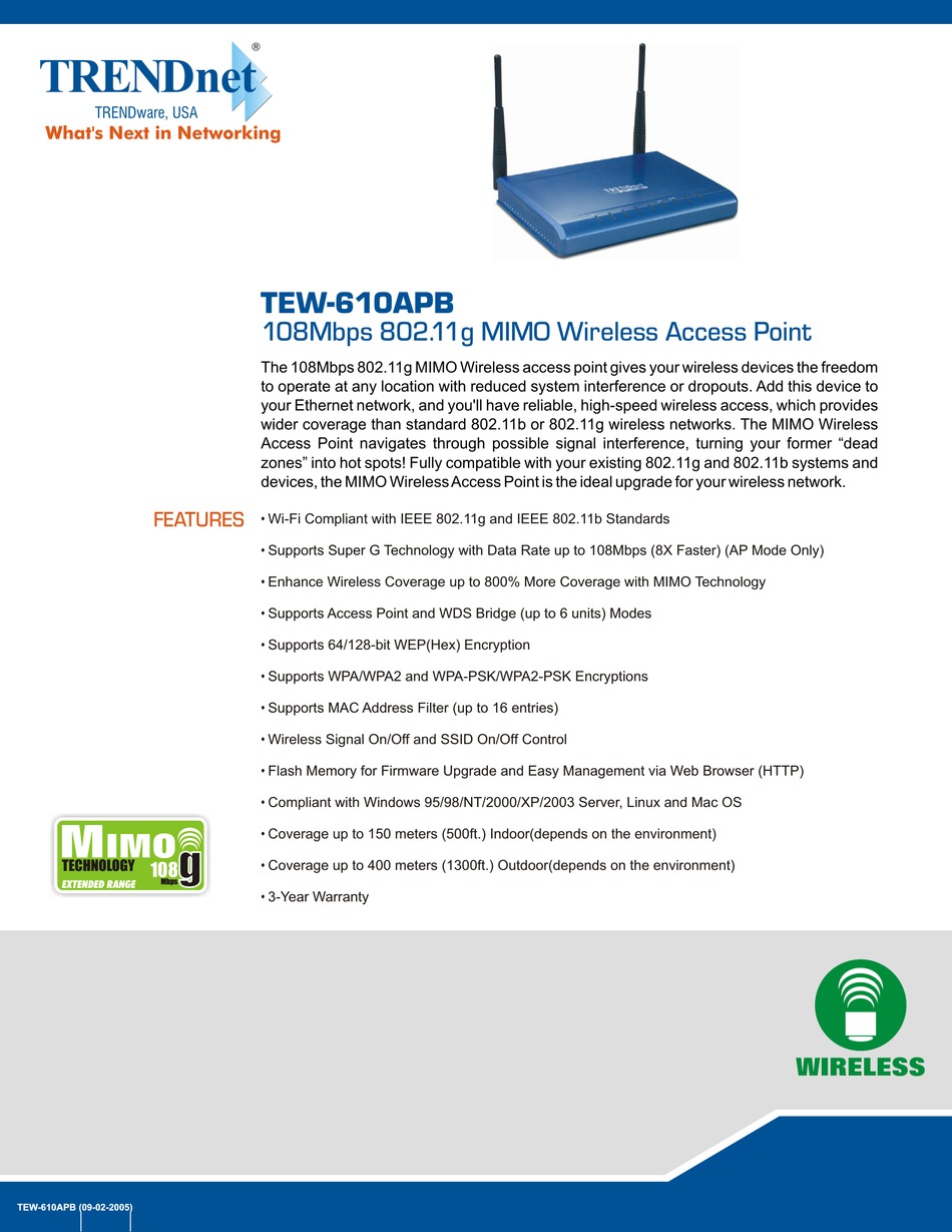 TRENDNET TEW-610APB SPECIFICATIONS Pdf Download | ManualsLib