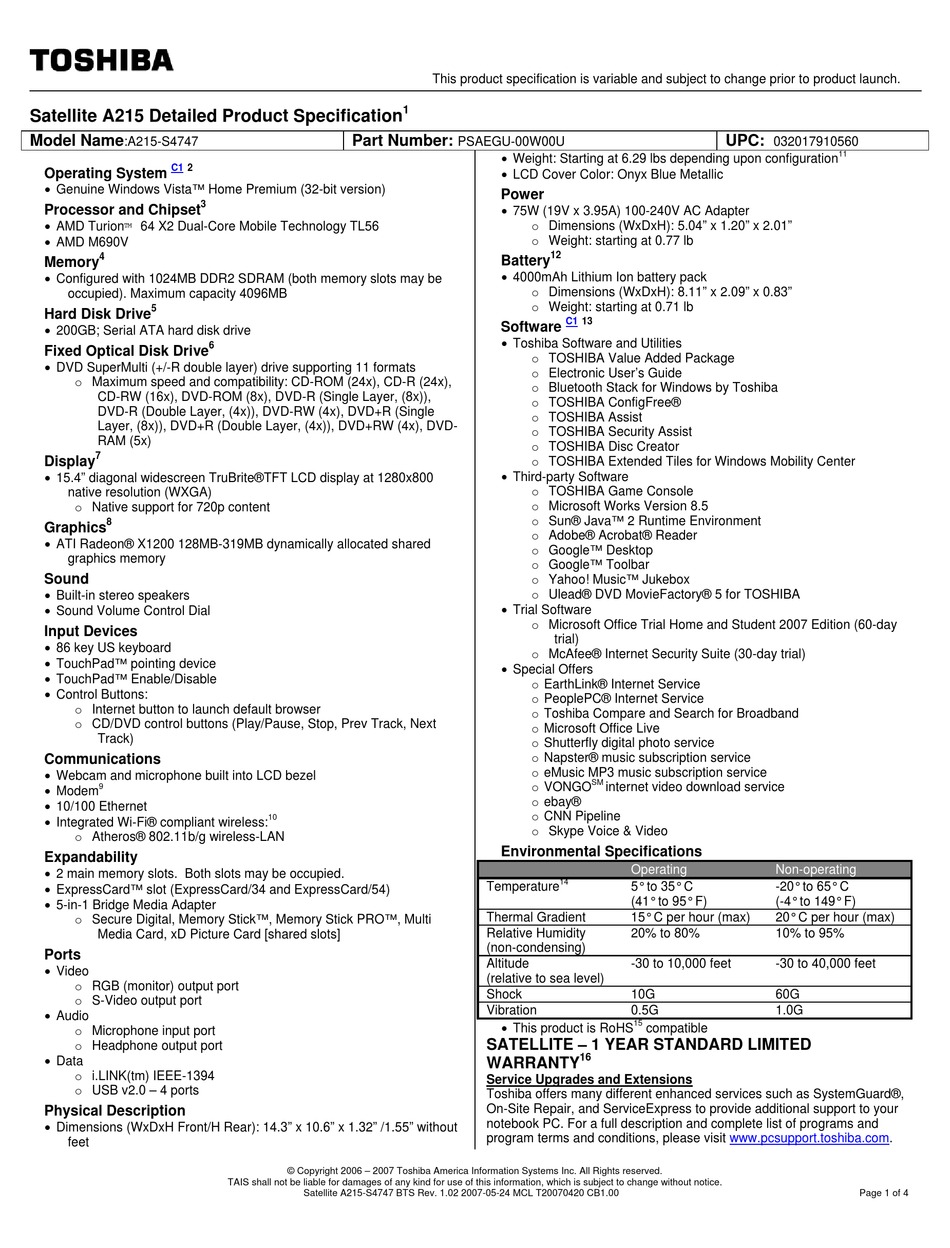 TOSHIBA SATELLITE A215-S4747 SPECIFICATIONS Pdf Download | ManualsLib
