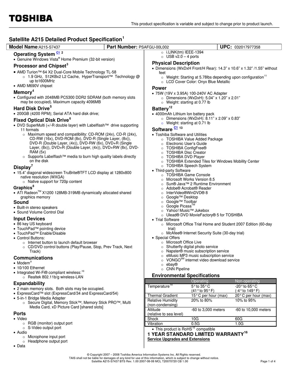 TOSHIBA SATELLITE A215-S7437 SPECIFICATIONS Pdf Download | ManualsLib