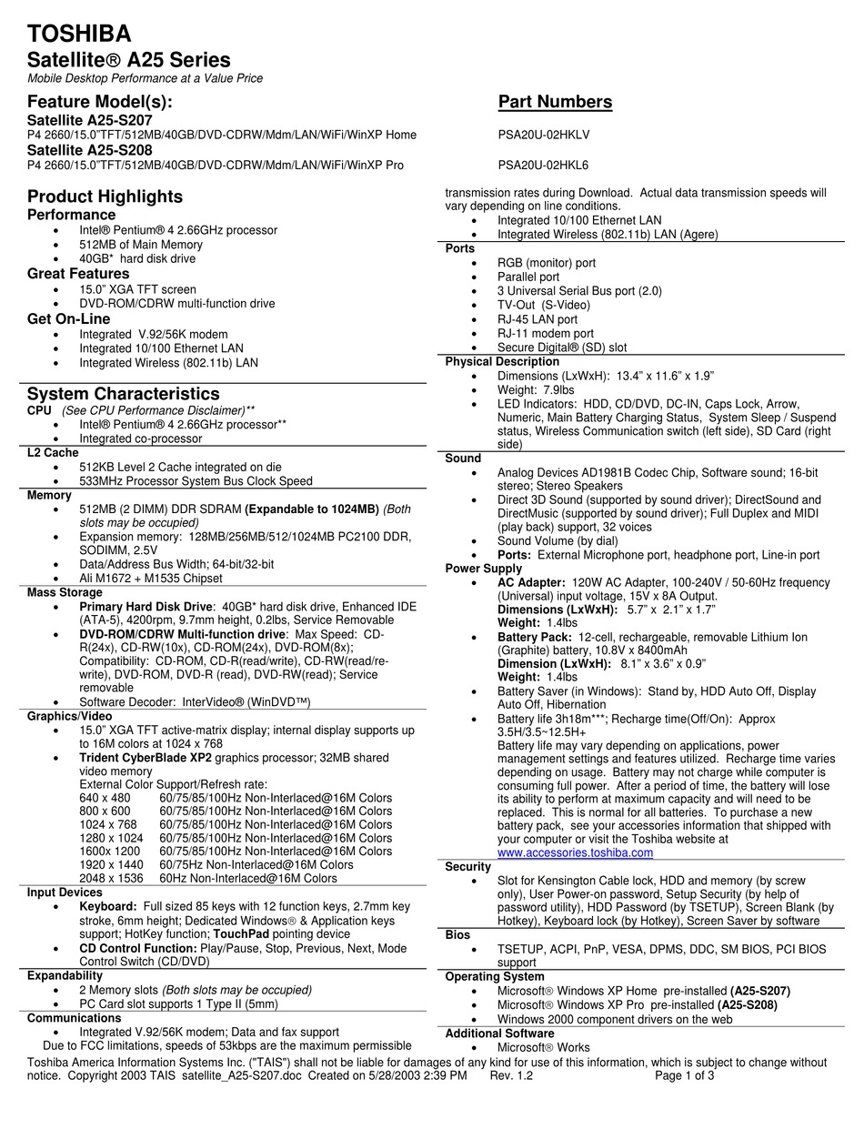 TOSHIBA SATELLITE A25-S207 SPECIFICATIONS Pdf Download | ManualsLib