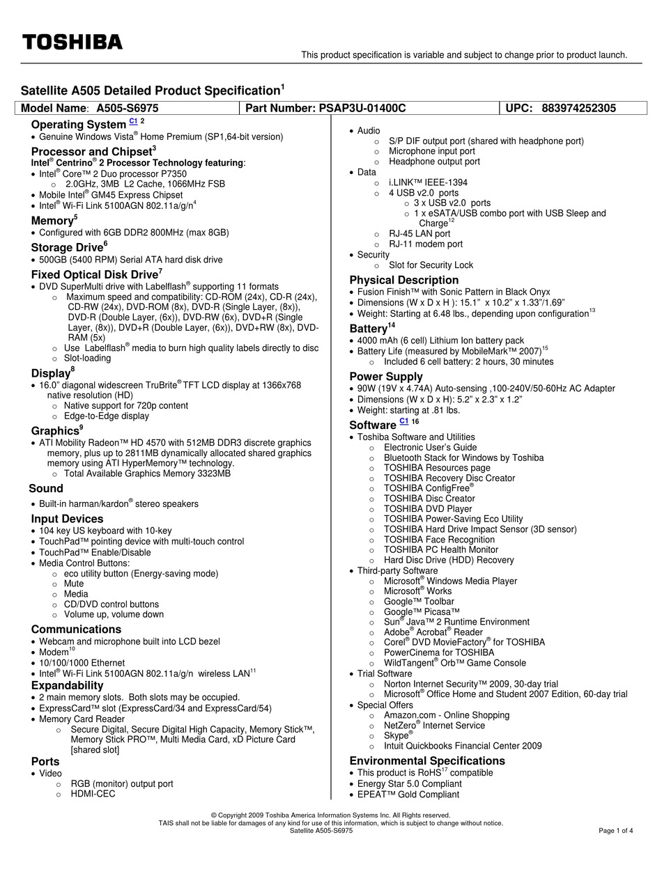TOSHIBA SATELLITE A505-S6975 SPECIFICATIONS Pdf Download | ManualsLib