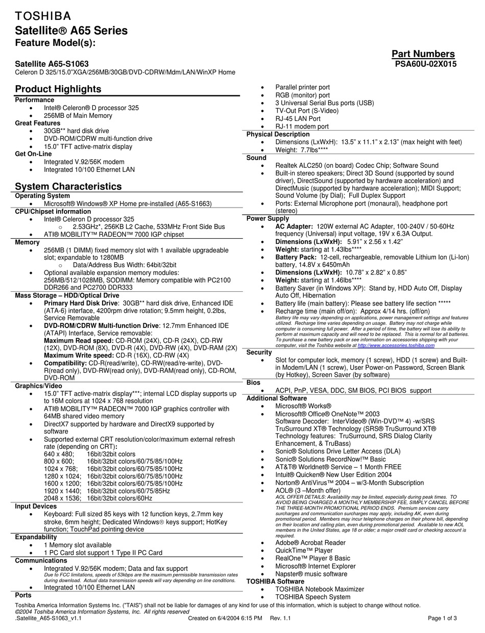 TOSHIBA SATELLITE A65-S1063 SPECIFICATIONS Pdf Download | ManualsLib
