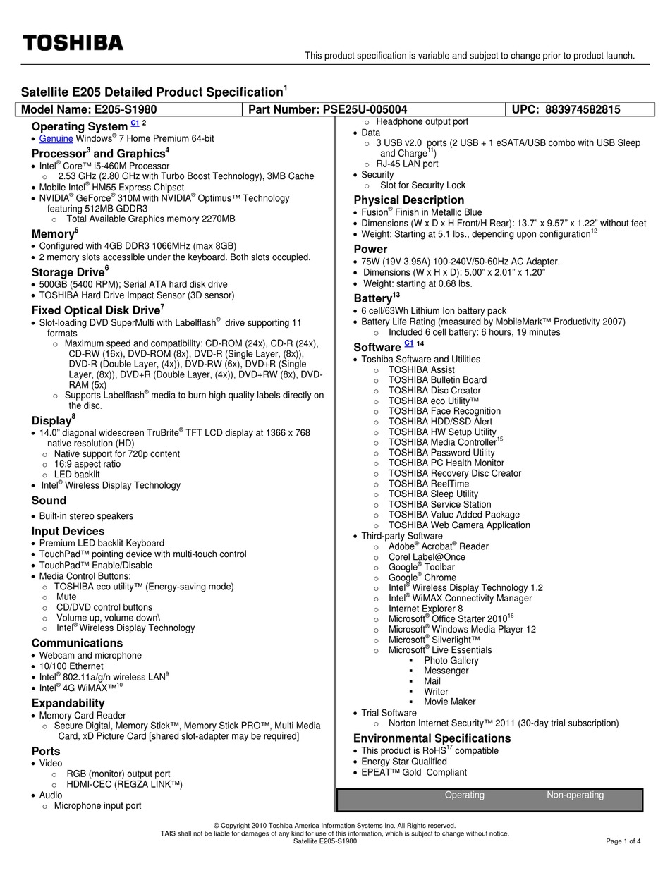 TOSHIBA SATELLITE E205-S1980 DETAILED PRODUCT SPECIFICATION Pdf ...