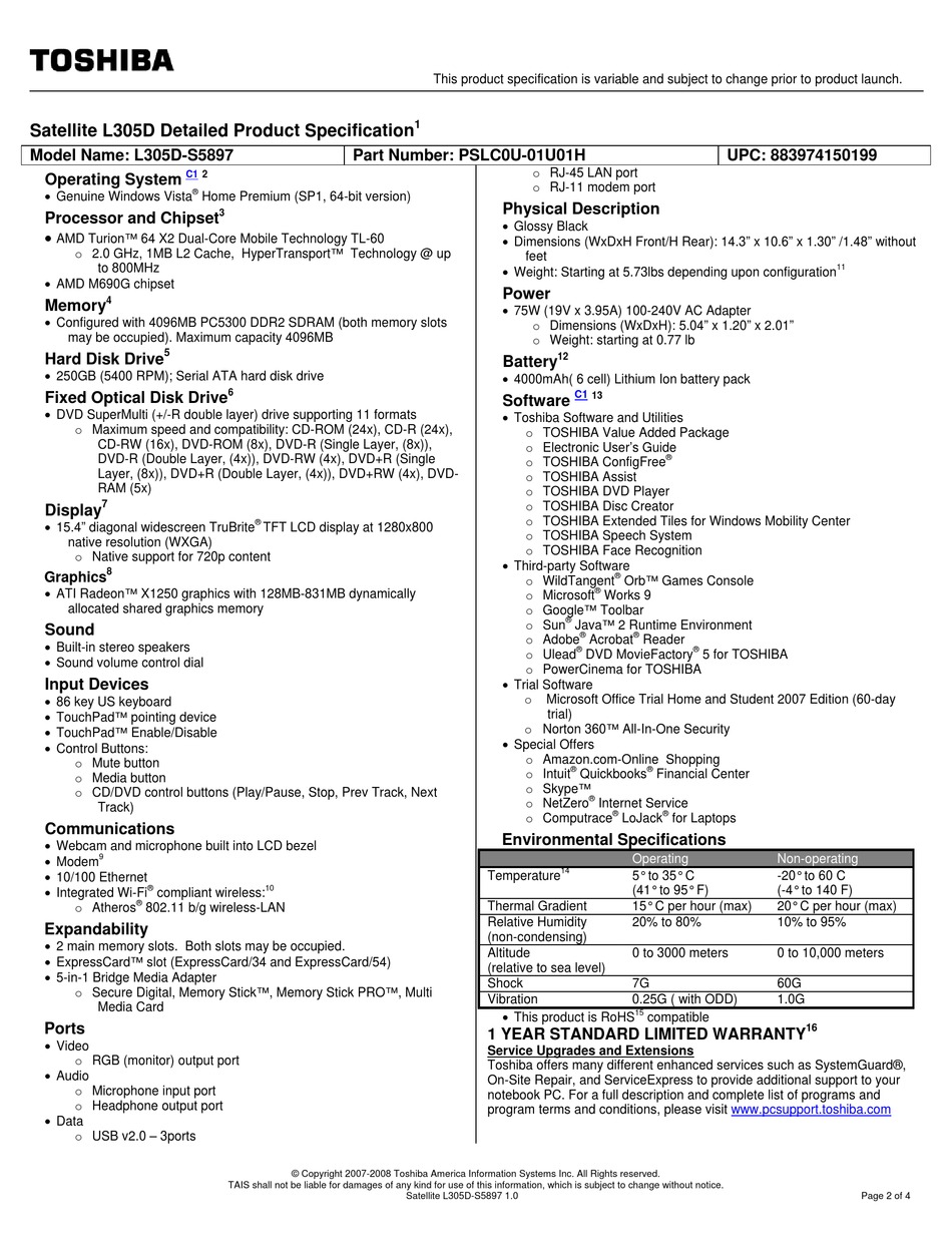 TOSHIBA SATELLITE L305D-S5897 SPECIFICATIONS Pdf Download | ManualsLib
