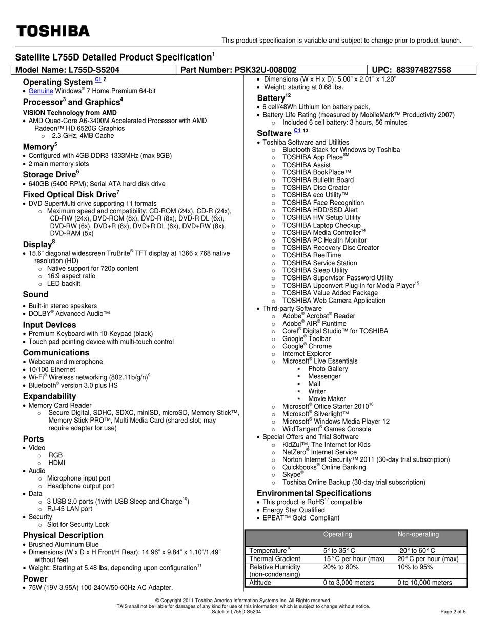TOSHIBA SATELLITE L755D-S5204 SPECIFICATIONS Pdf Download | ManualsLib