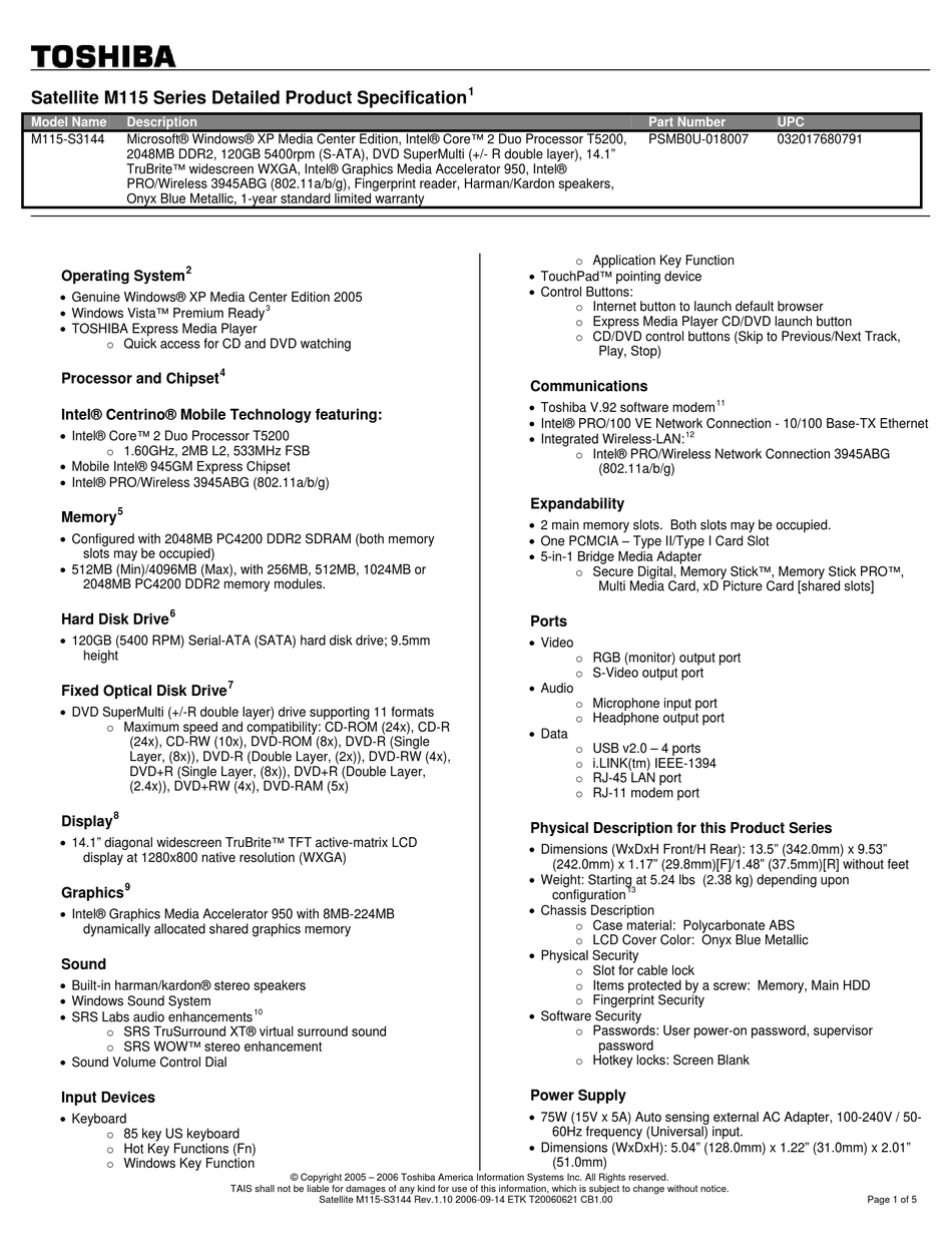 TOSHIBA SATELLITE M115-S3144 SPECIFICATIONS Pdf Download | ManualsLib