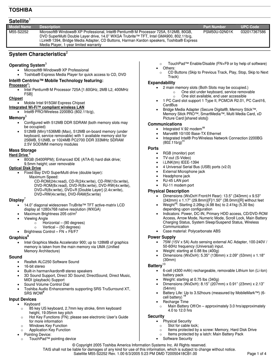 TOSHIBA SATELLITE M55-S2252 SPECIFICATIONS Pdf Download | ManualsLib