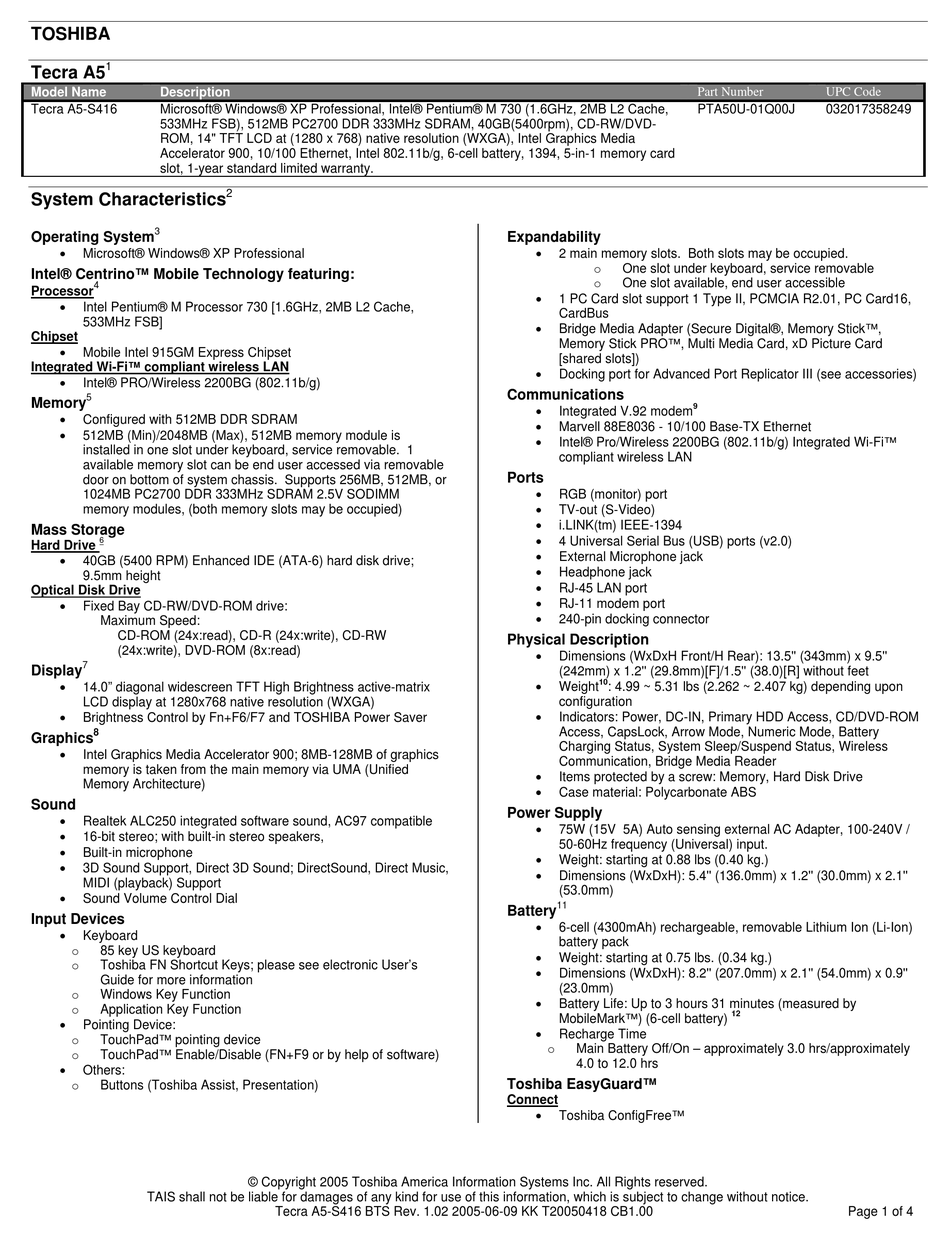 TOSHIBA TECRA A5-S416 SPECIFICATIONS Pdf Download | ManualsLib