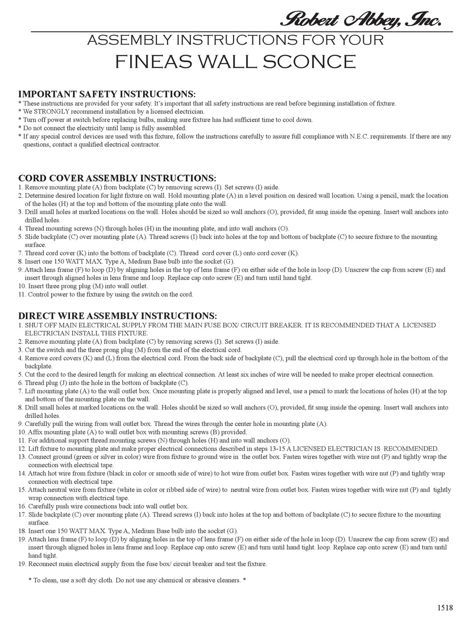 ROBERT ABBEY FINEAS 1518 ASSEMBLY INSTRUCTIONS Pdf Download | ManualsLib