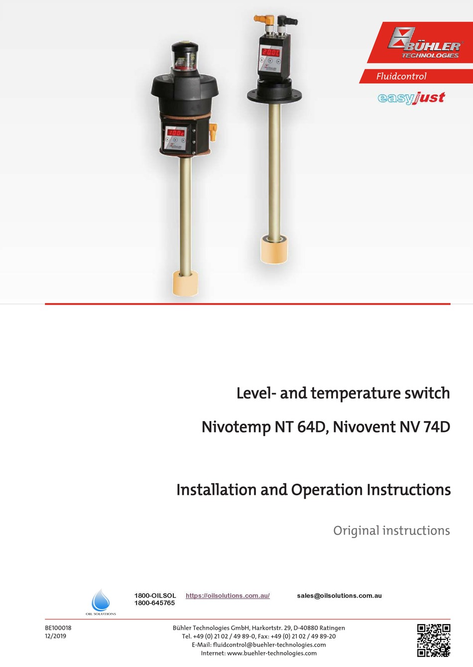 BÜHLER TECHNOLOGIES NIVOTEMP NT 64D INSTALLATION AND OPERATION ...