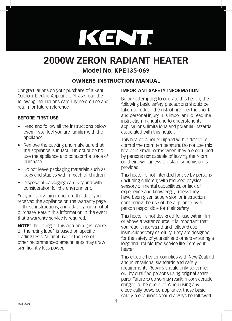KENT KPE135-069 OWNER'S INSTRUCTION MANUAL Pdf Download | ManualsLib
