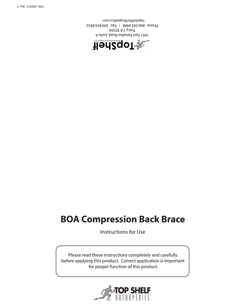 TOP SHELF ORTHOPEDICS BOA COMPRESSION BACK BRACE INSTRUCTIONS FOR USE ...
