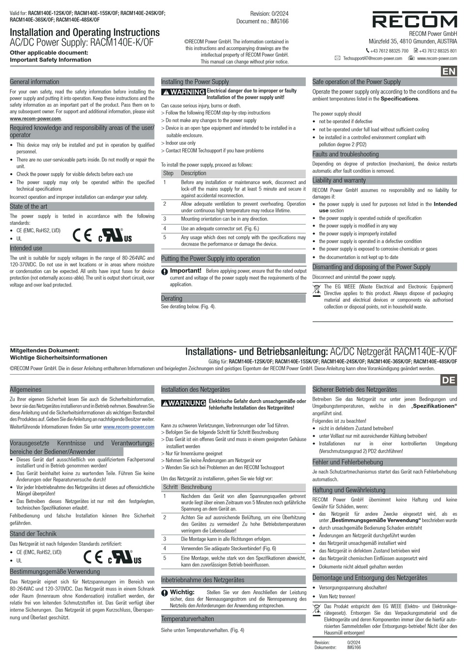 RECOM RACM140E K/OF SERIES INSTALLATION AND OPERATING INSTRUCTIONS Pdf ...