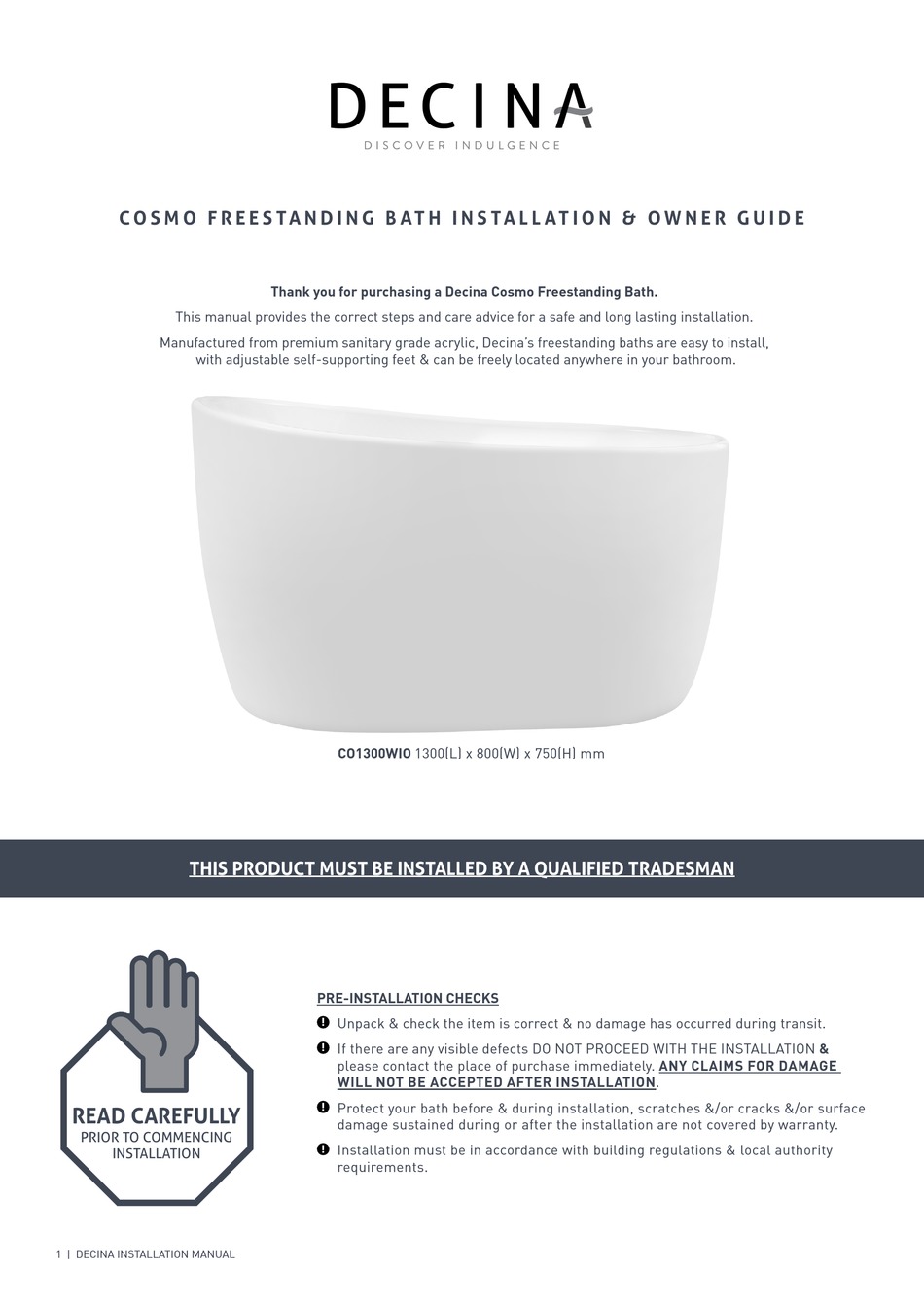 DECINA COSMO CO1300WIO INSTALLATION & OWNERS MANUAL Pdf Download ...