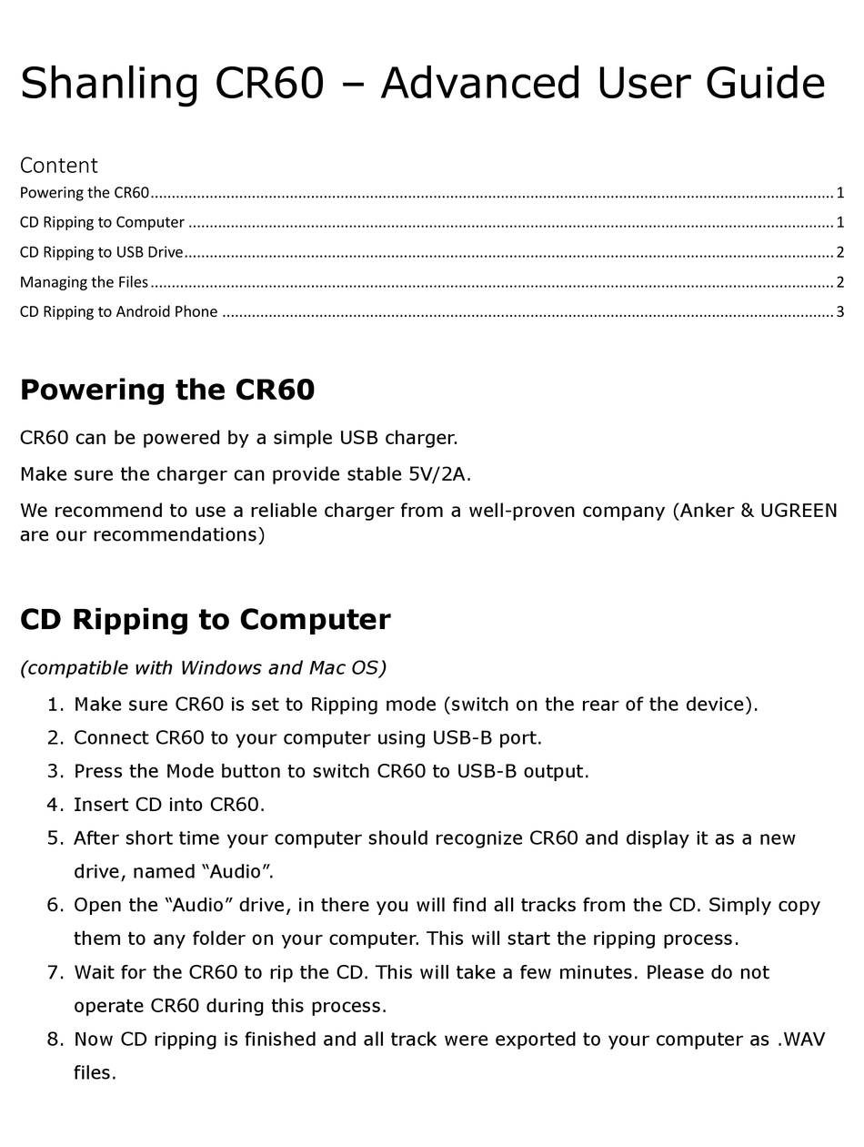 SHANLING CR60 ADVANCED USER'S MANUAL Pdf Download | ManualsLib