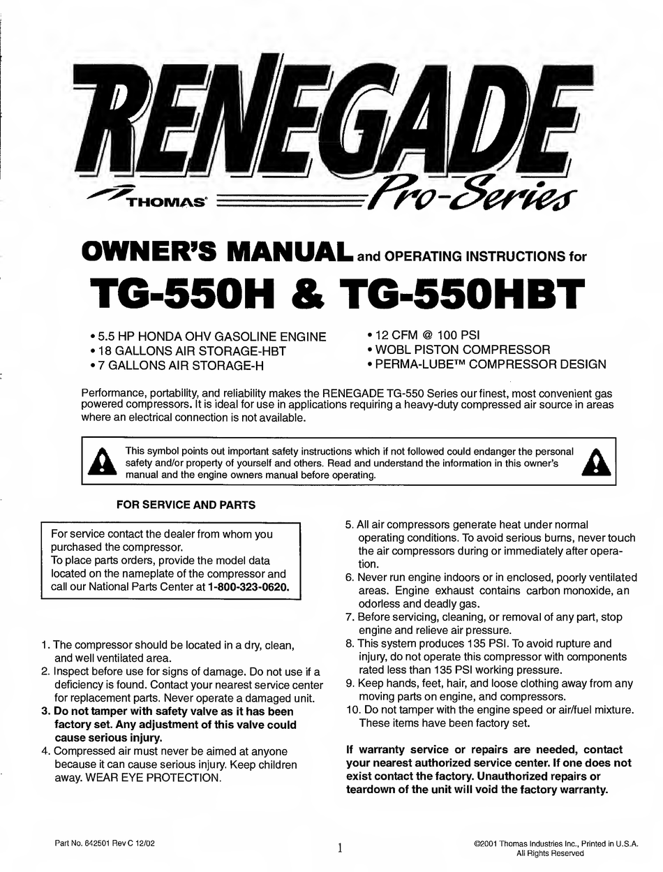 THOMAS RENEGADE PRO TG-550H OWNER'S MANUAL Pdf Download | ManualsLib