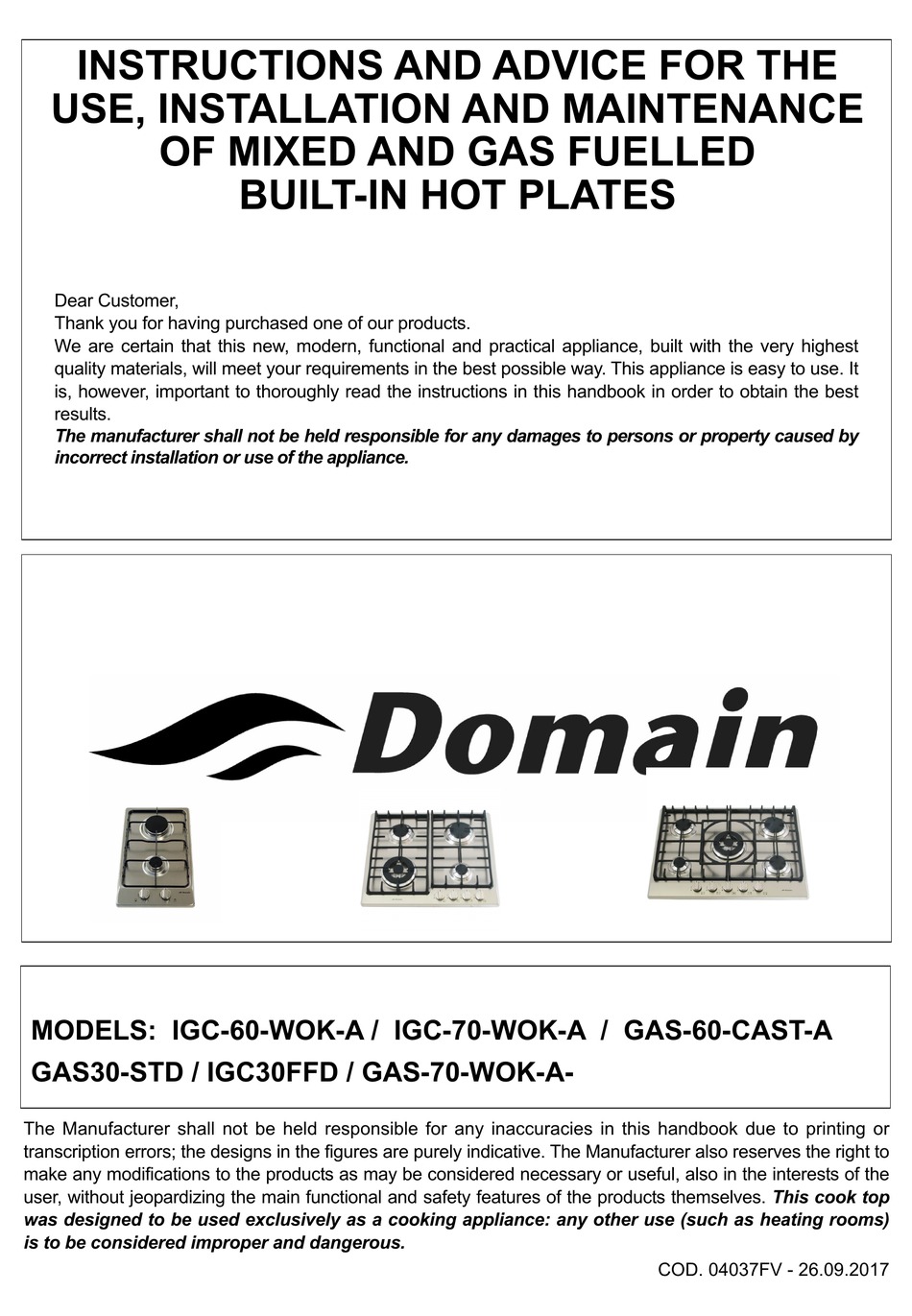 DOMAIN IGC-60-WOK-A INSTRUCTIONS AND ADVICE FOR THE USE, INSTALLATION ...